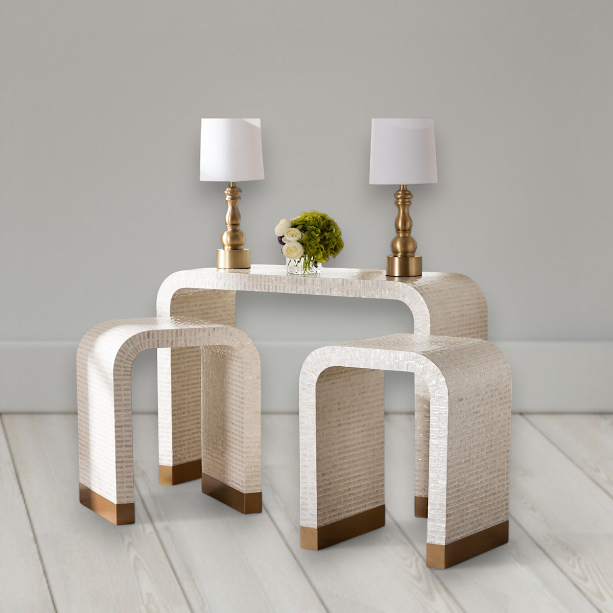 Ebern Designs Perz Mother of Pearl Capiz Shell 3-piece Accent Table Set in Coastal Beige and ...